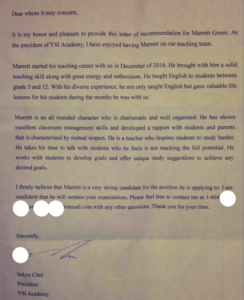 A Teaching Reference Letter – Marrett Green, MSSc